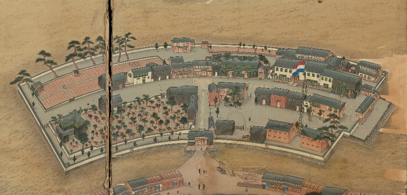 Folding screen depicting late Edo trading post in Nagasaki Bay found in ...