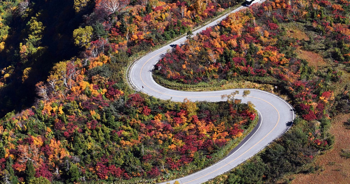 Tateyama mountain range in central Japan carpeted with red, yellow ...