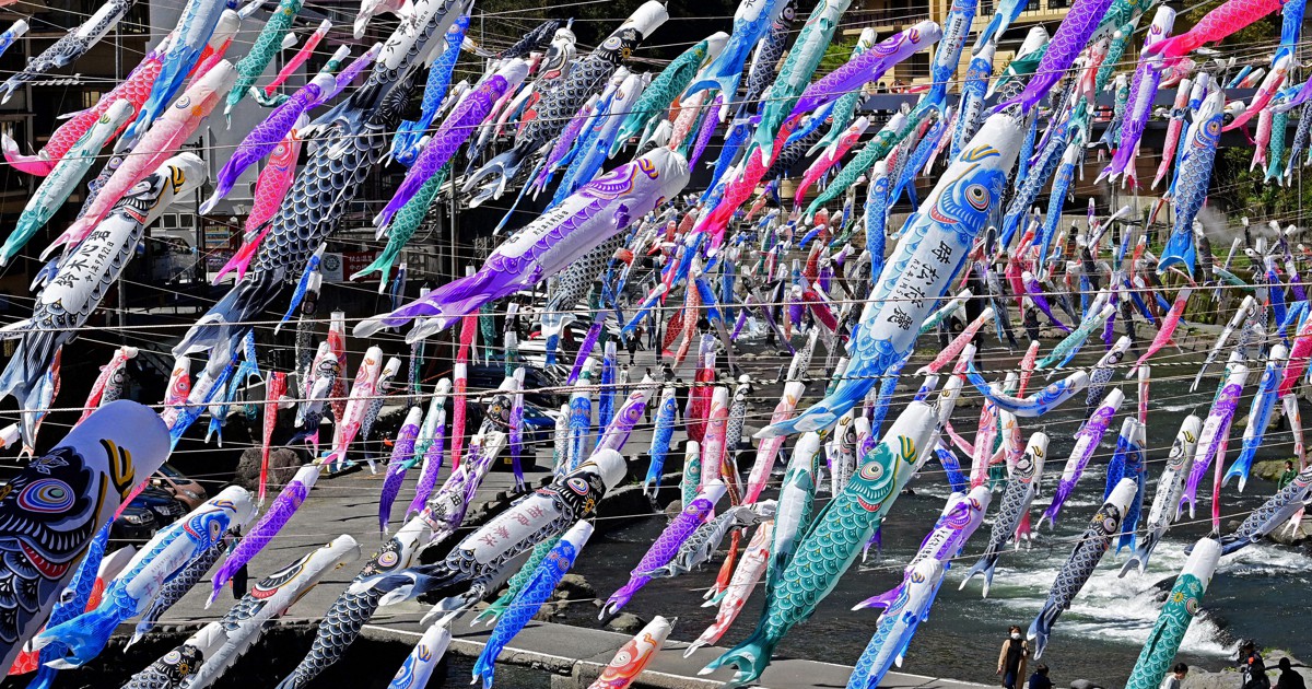 Carp streamers 'swim' above river in southwest Japan town ahead of ...