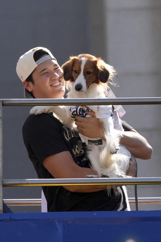 Shohei Ohtani brings his dog and addresses crowd in English as Dodgers ...