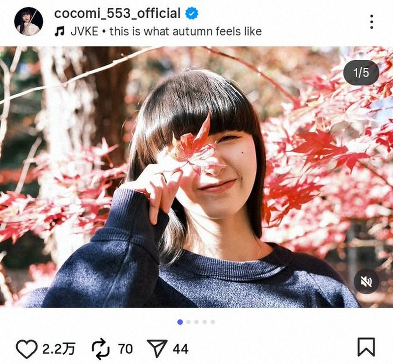 Cocomi「紅葉が奇麗でした」 秋の風物詩と共演！美しすぎる紅葉狩りショット披露（スポニチ） | 毎日新聞